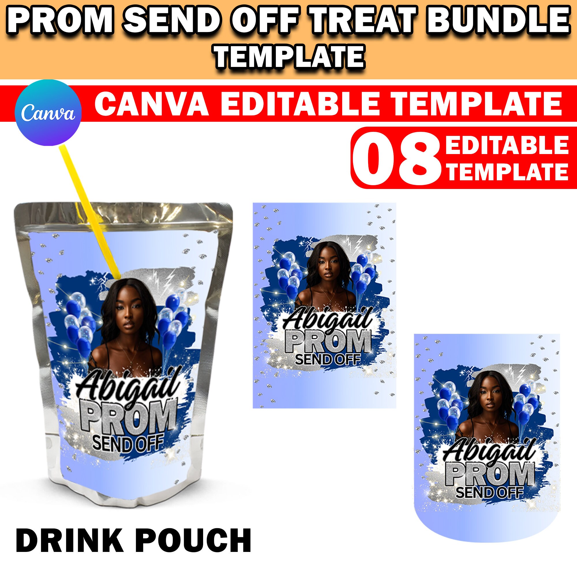 Prom Packaging Template Bundle, Blue & Silver Prom Send off Treats ...