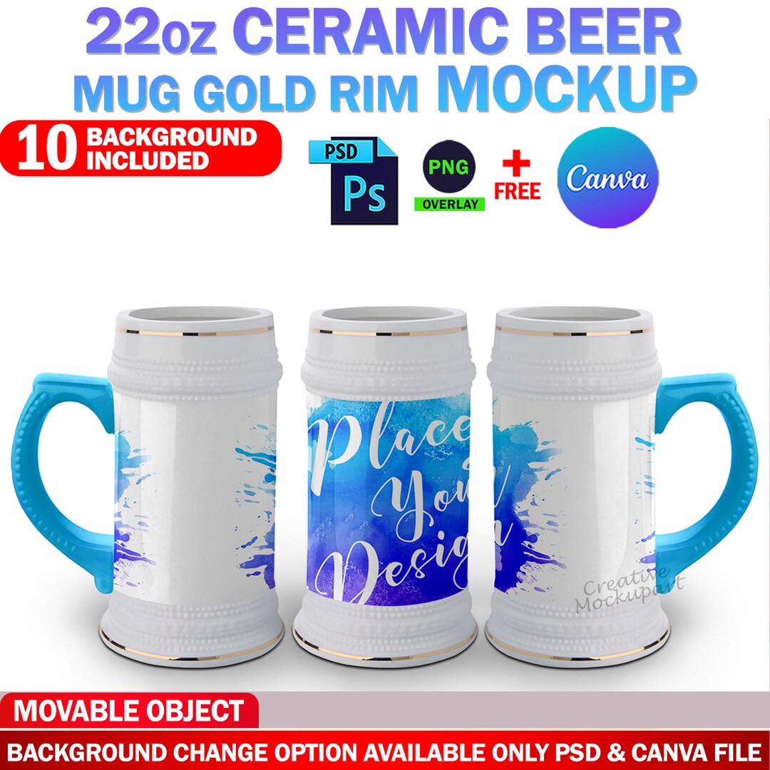 Dye Sublimation 22oz Ceramic Beer Mug With Gold Rim Mockup, 22 Oz Beer ...