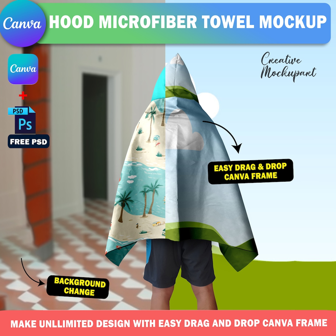 Canva Hood Microfiber Towel Mockup for Sublimation, Hooded Towel Mockup ...