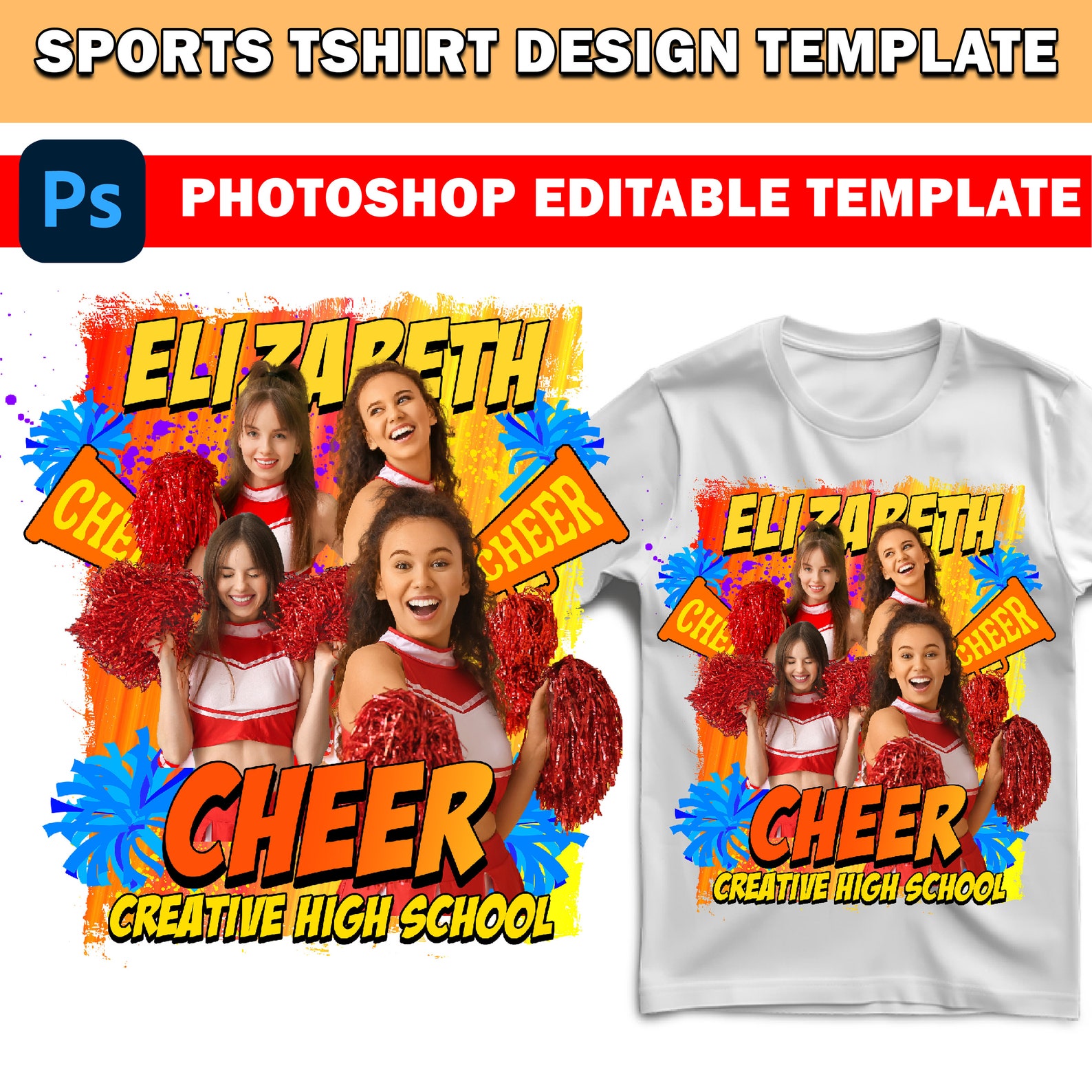 Cheerleader T Shirt Design Template, Sports T Shirt Design, Photoshop ...