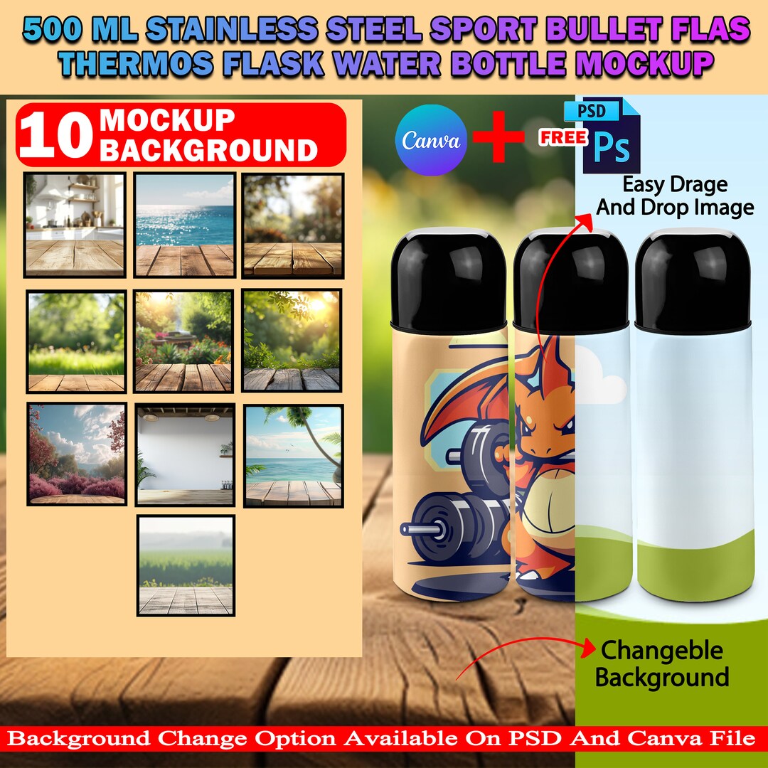 Canva 500ml Sport Bullet Flask Mockup, Stainless Steel Thermos Water ...