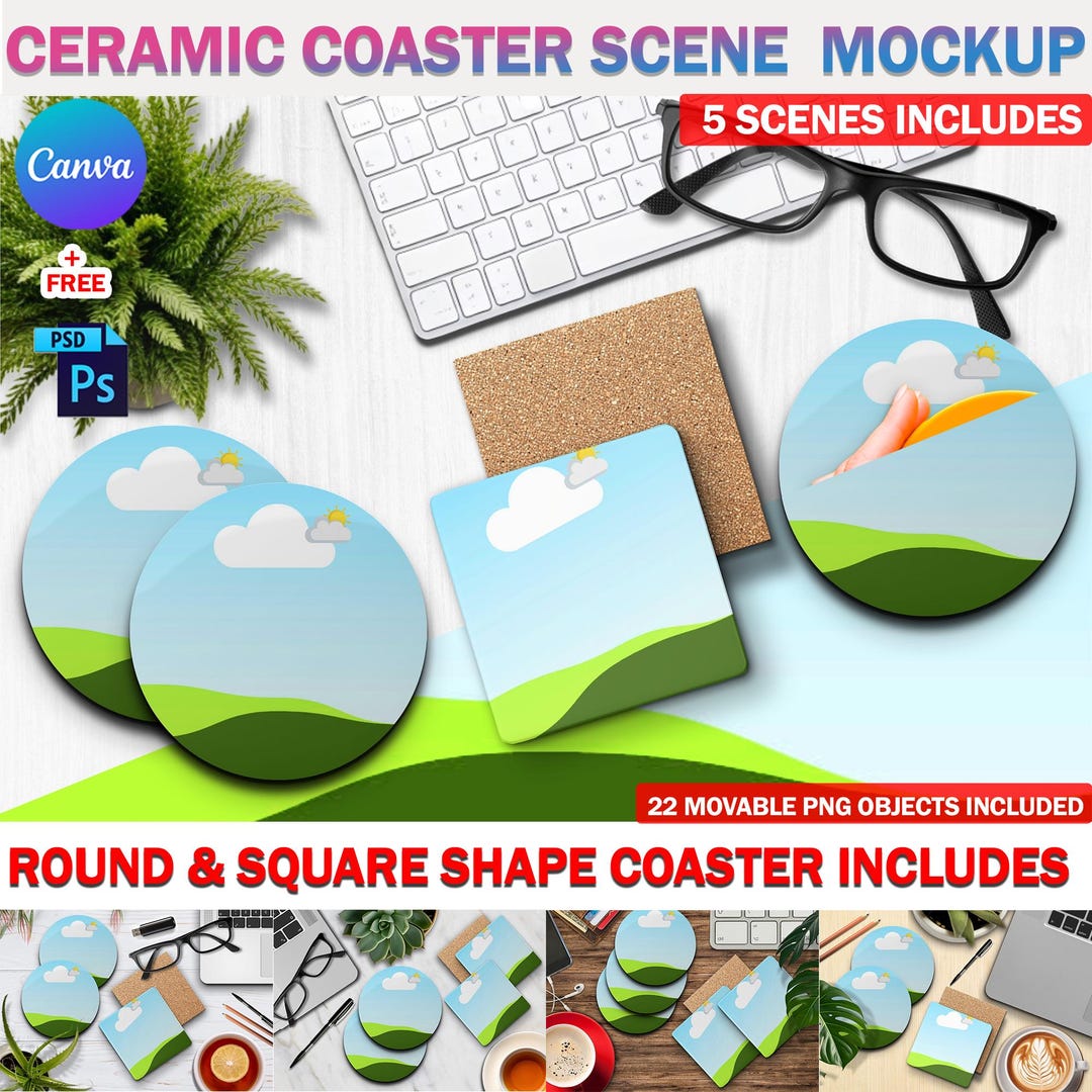Canva 5X Custom Coaster Mockup Scene, Round and Square Coaster Template ...