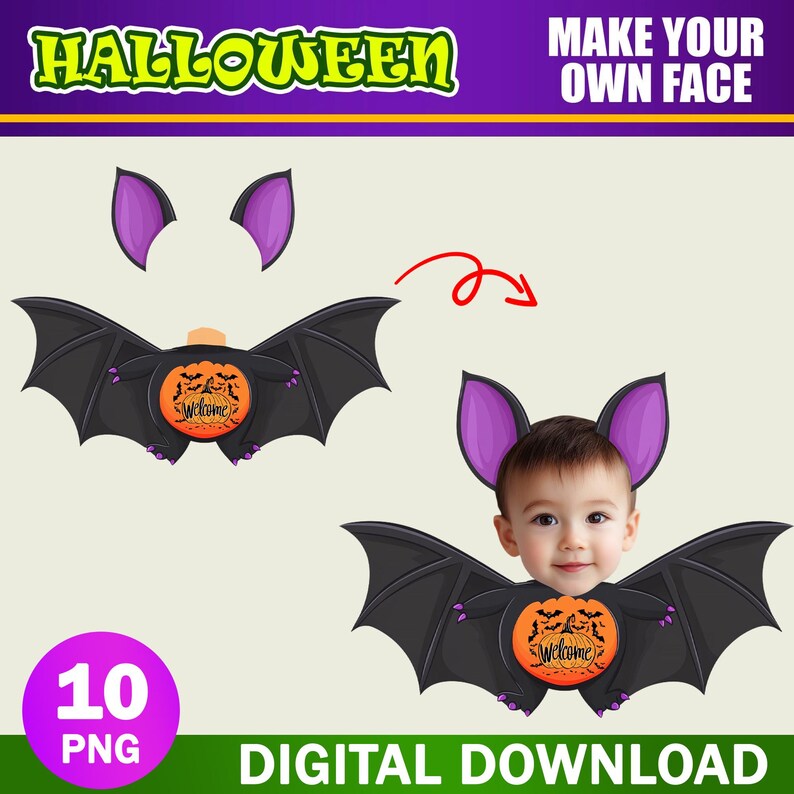 10x Halloween Add Your Own Photo Picture PNG Bundle, Bat Boo Cute Ghost ...