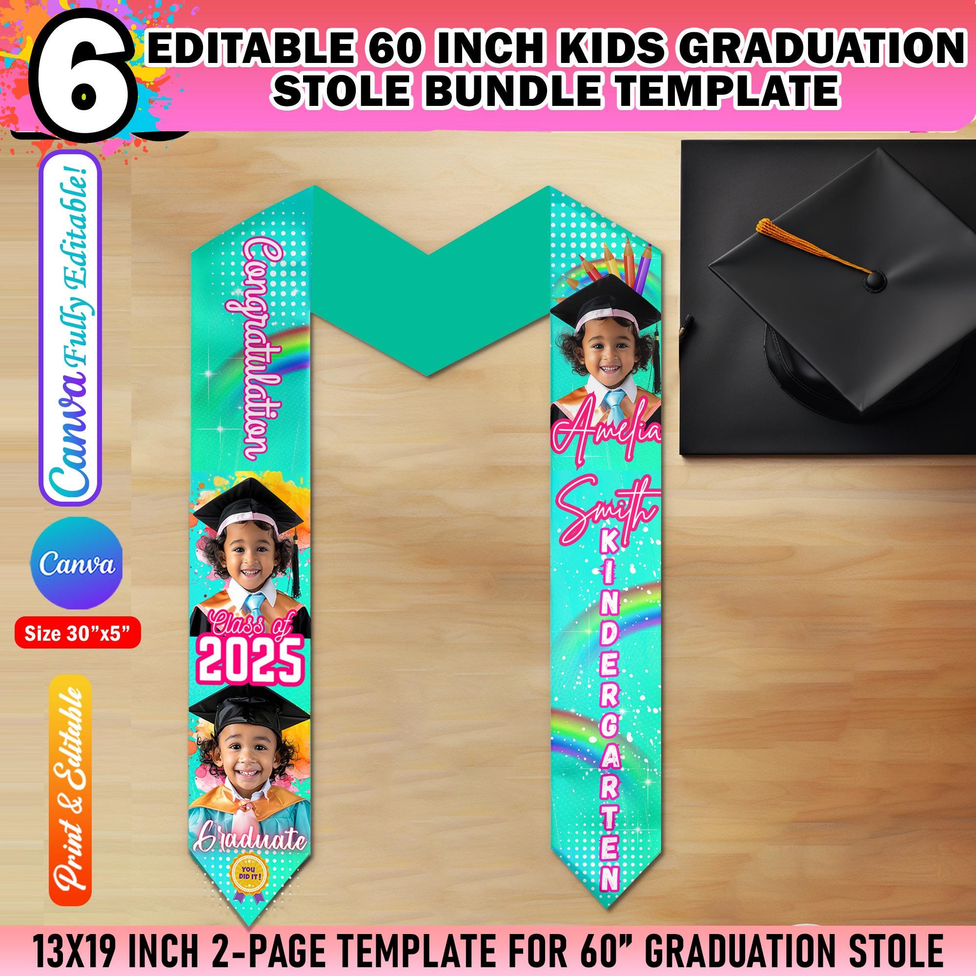 6 Pre-k & Kindergarten Kids Graduation Stole Design Bundle, Kids Sash ...