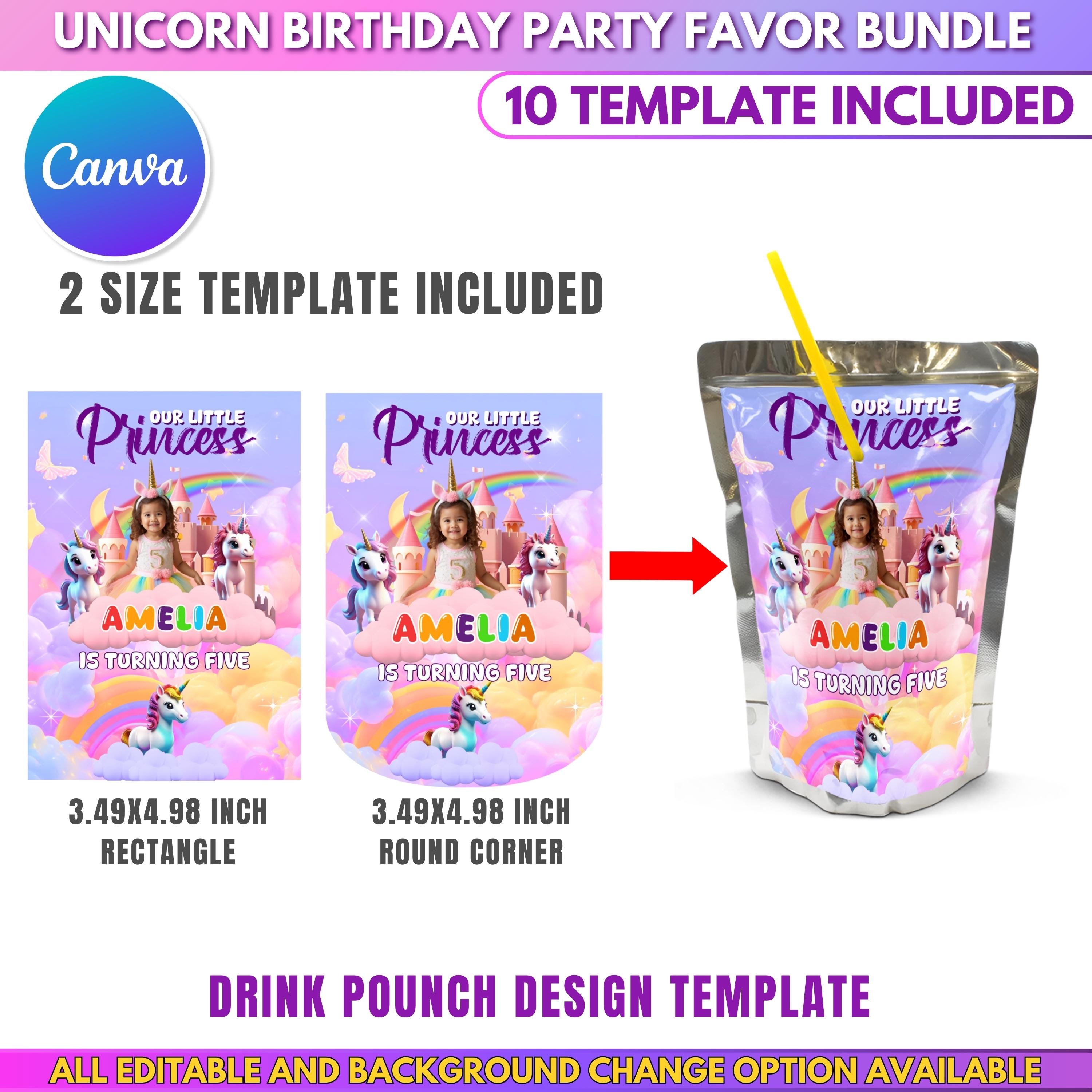 10x Unicorn Birthday Party Favor Template Bundle, Canva Editable ...