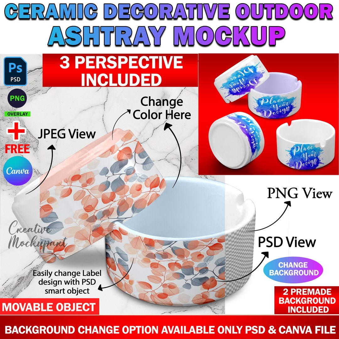 Dye Sublimation Ceramic Ashtray Mockup, Decorative Outdoor Ashtray Mockup, Round Shape Ashtray ...
