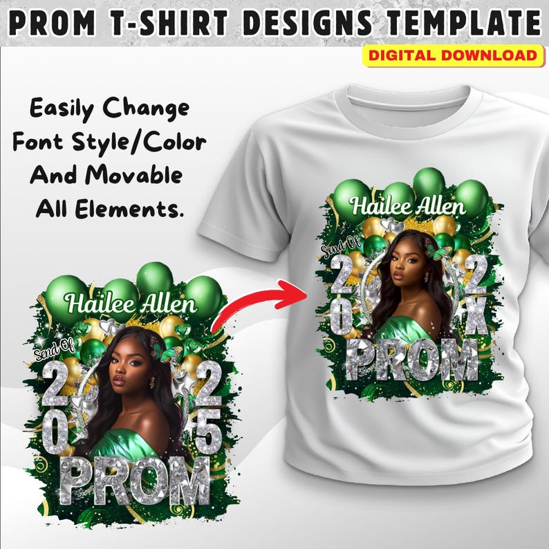 Prom Shirt Design, Green and Silver DTF T-shirt Design Template, 16x20 ...