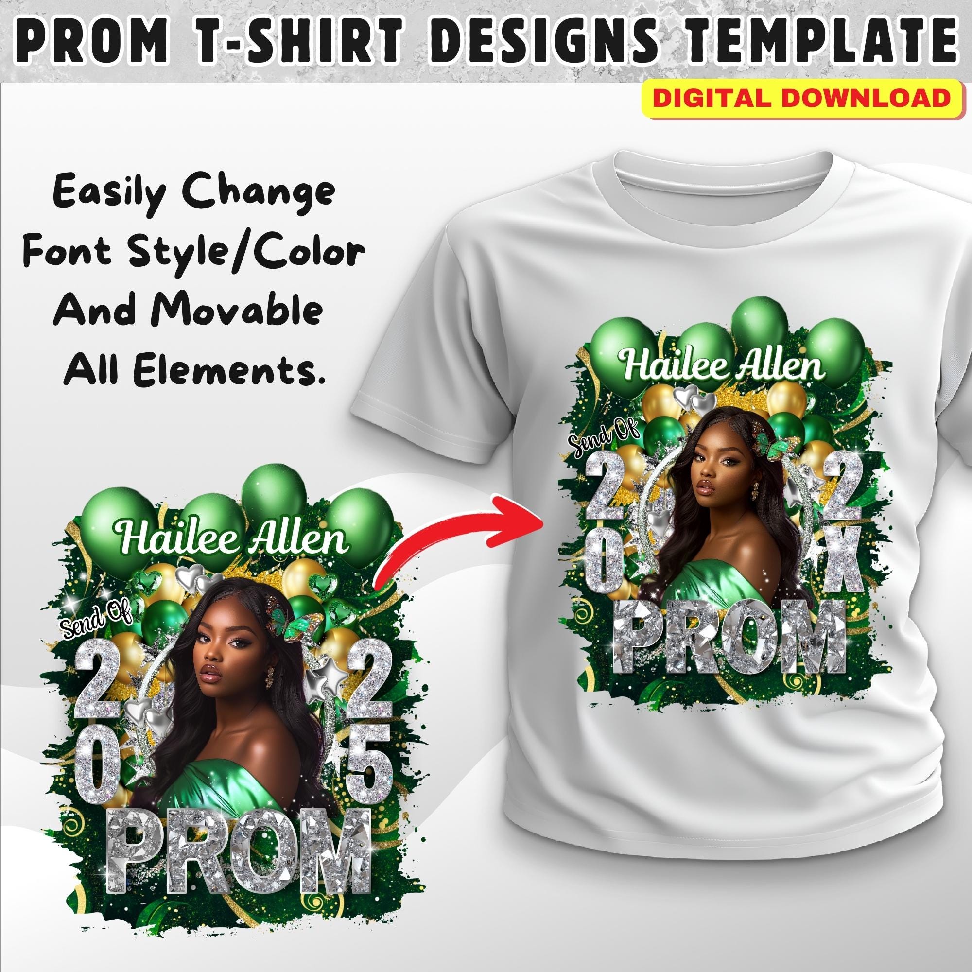 Prom Shirt Design, Green and Silver DTF T-shirt Design Template, 16x20 ...