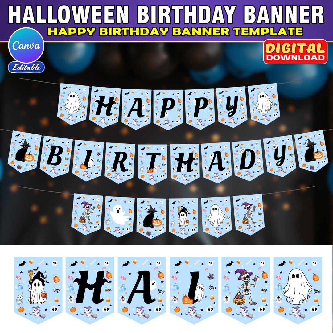 Editable Happy Birthday Banner, Halloween Birthday Banner, Blue Ghost ...