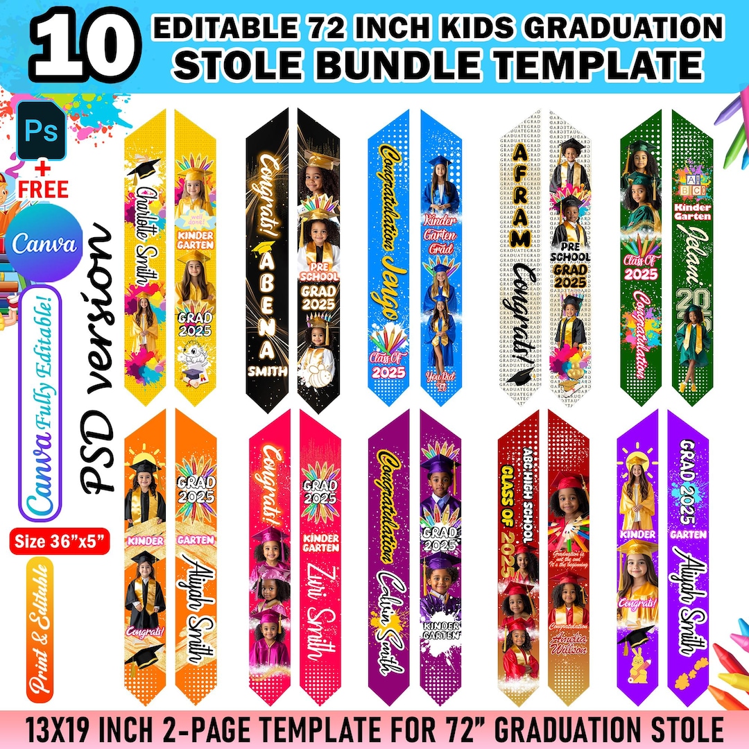 10X PSD + Canva Kids Graduation Stole Template Design Bundle for ...