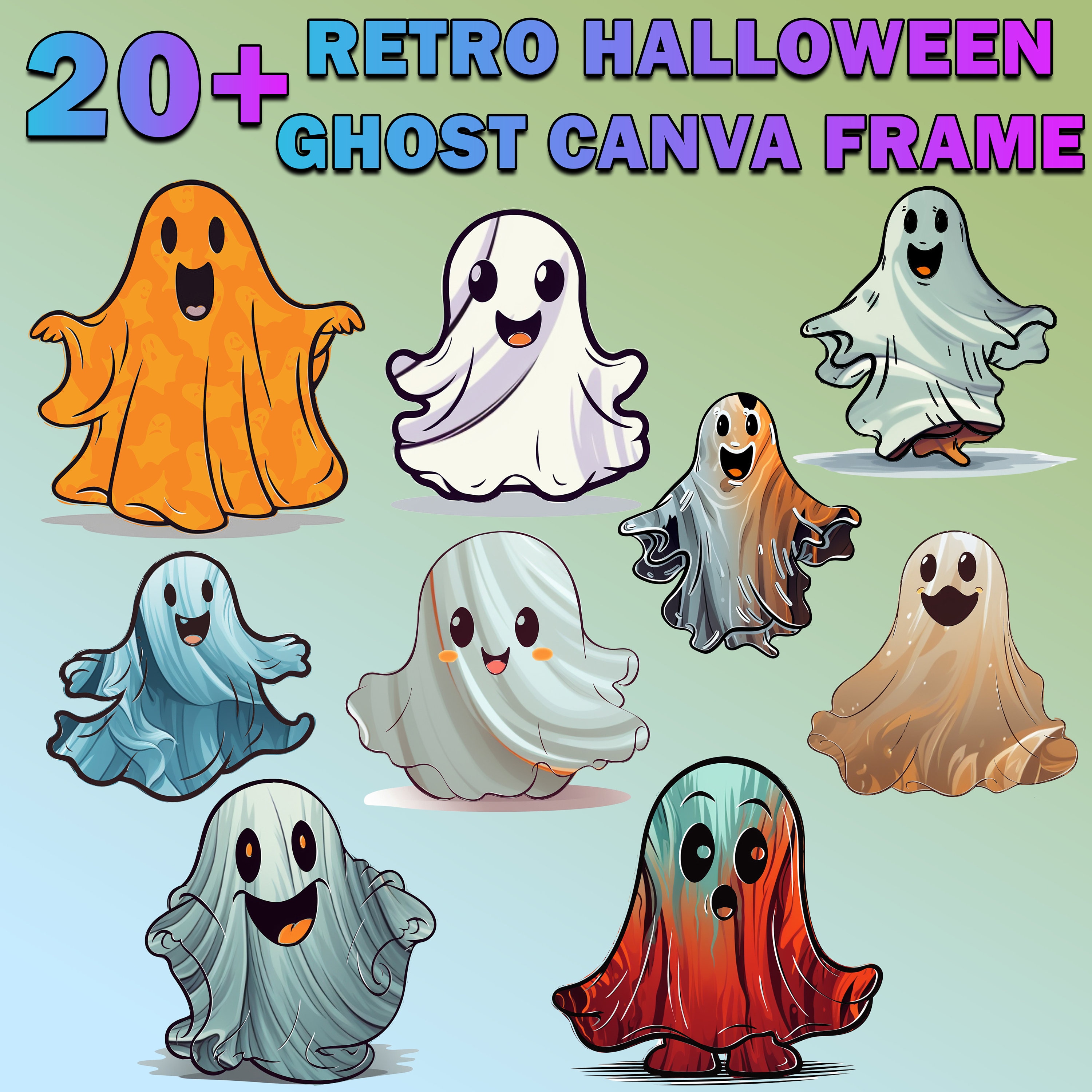20+ Canva Frame Cute Retro Halloween Ghost Bundle | Make Your Own Cute ...