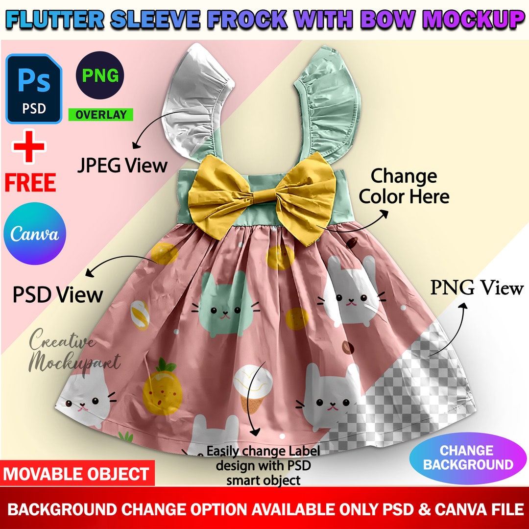 Flutter Sleeve Frock With Bow Mockup, Flutter Sleeve Dress Mockup ...