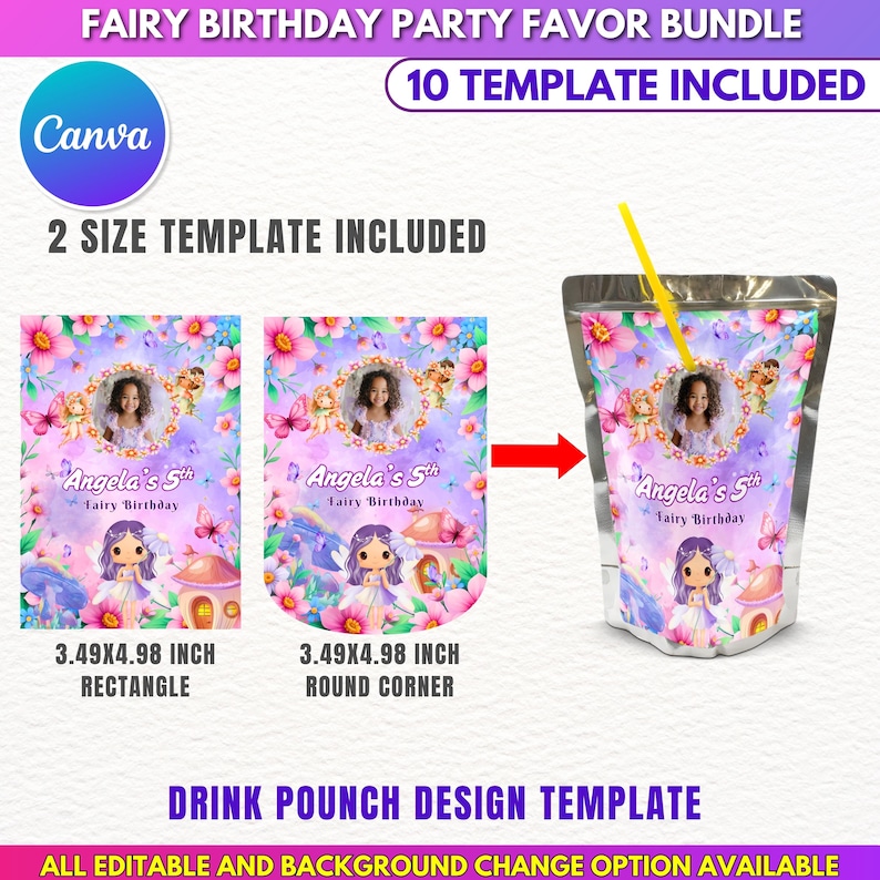 10x Fairy Theme Birthday Party Favor Template Bundle, Canva Editable ...