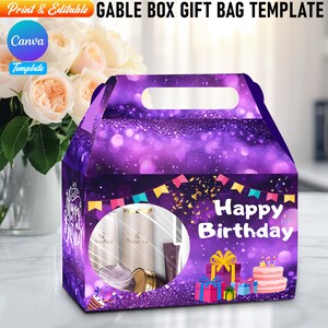 Editable Birthday Gable Box Gift Template, Sparkle Purple Birthday ...