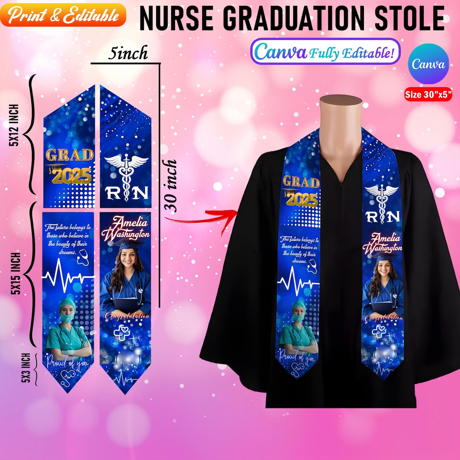Nurse Graduation Stole Template for Nursing Class of 2025, Graduation ...