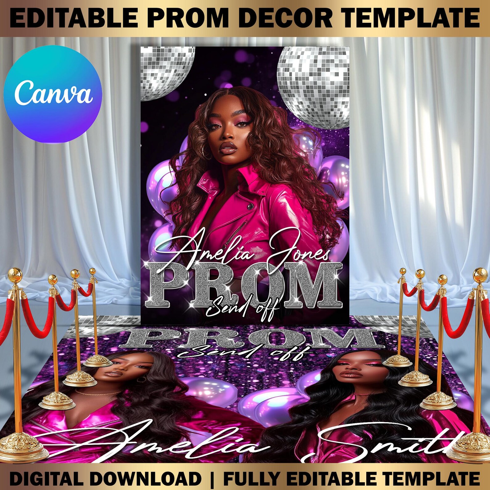 Custom Prom Decor Canva Template Bundle, Name Cutout, Pink & Silver ...