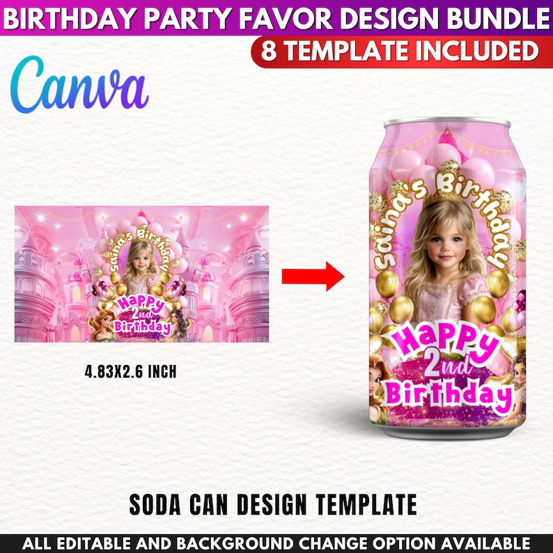 8X Birthday Party Favor Template Bundle, Pink Canva Editable Birthday ...