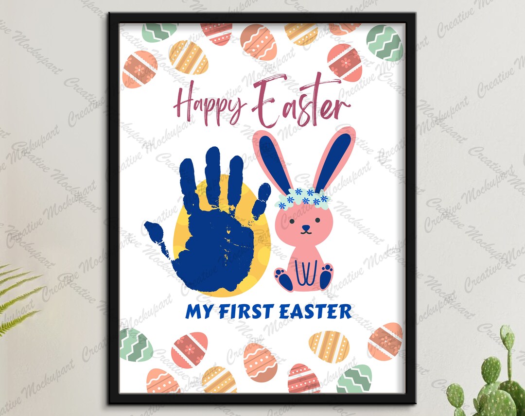 1st Easter DIY Craft: Blue Bunny Handprint Art, Unique Easter Gift for ...