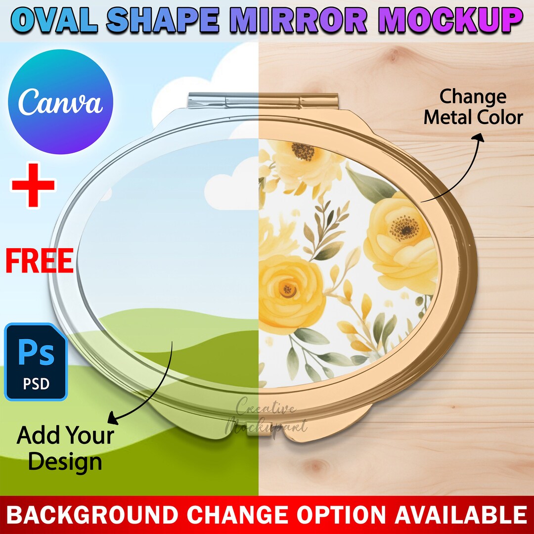 Canva Frame Oval Shape Compact Mirror Mockup, for Sublimation, Metal ...