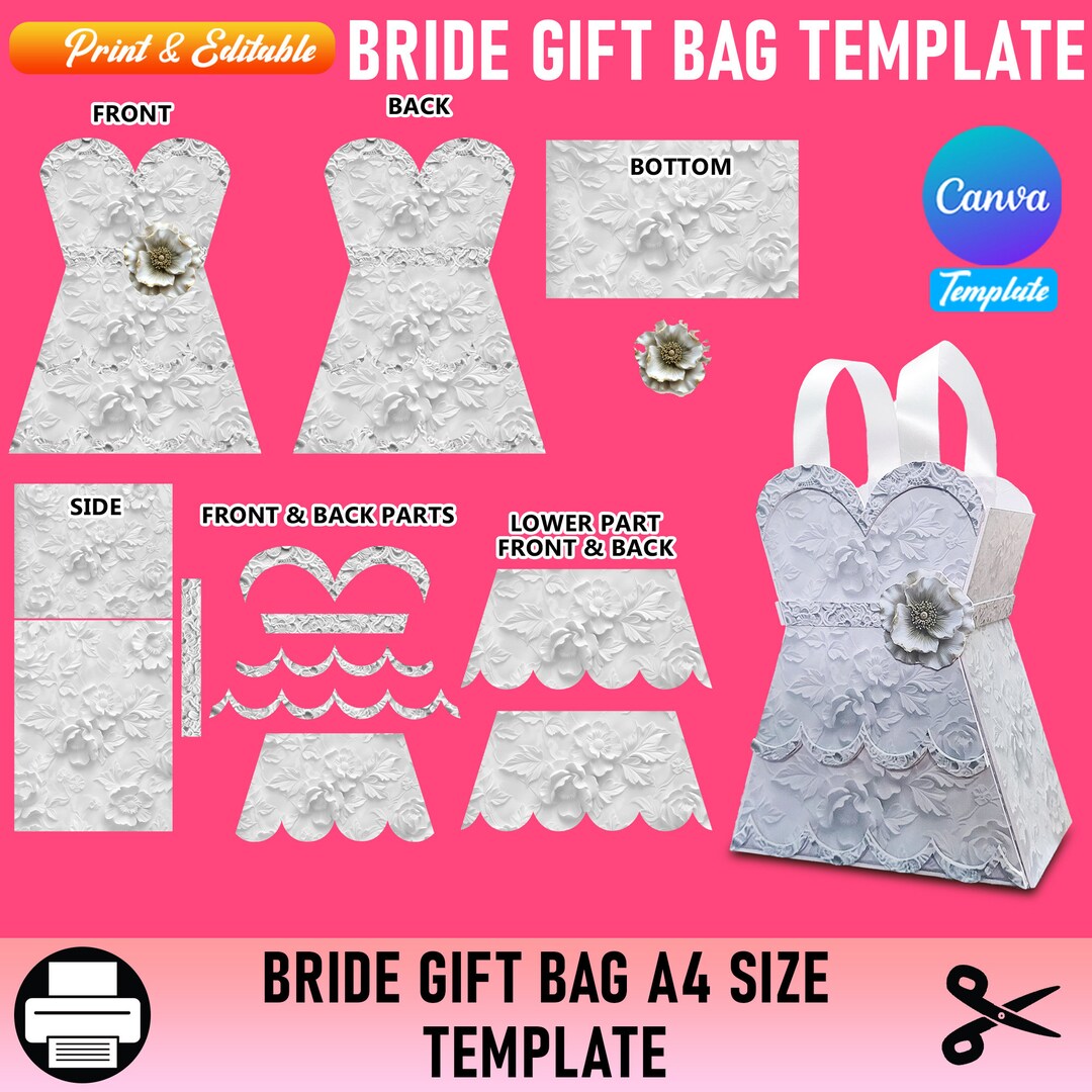Bride Gift Bag Template, Canva Bridal Grown Shape Gift Bag Editable ...
