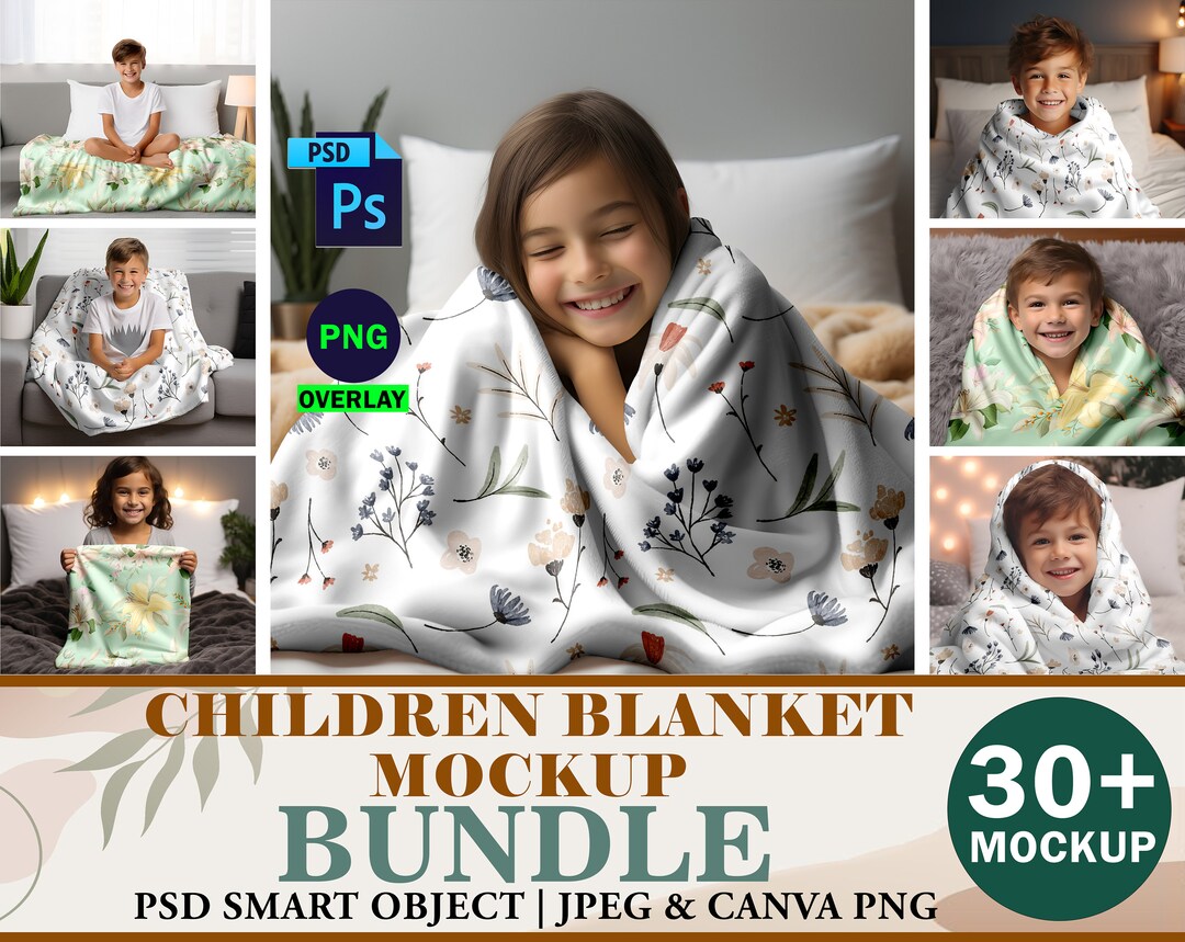 PSD Children Blanket Mockup Smart Object Bundle, Baby Toddler Blanket ...