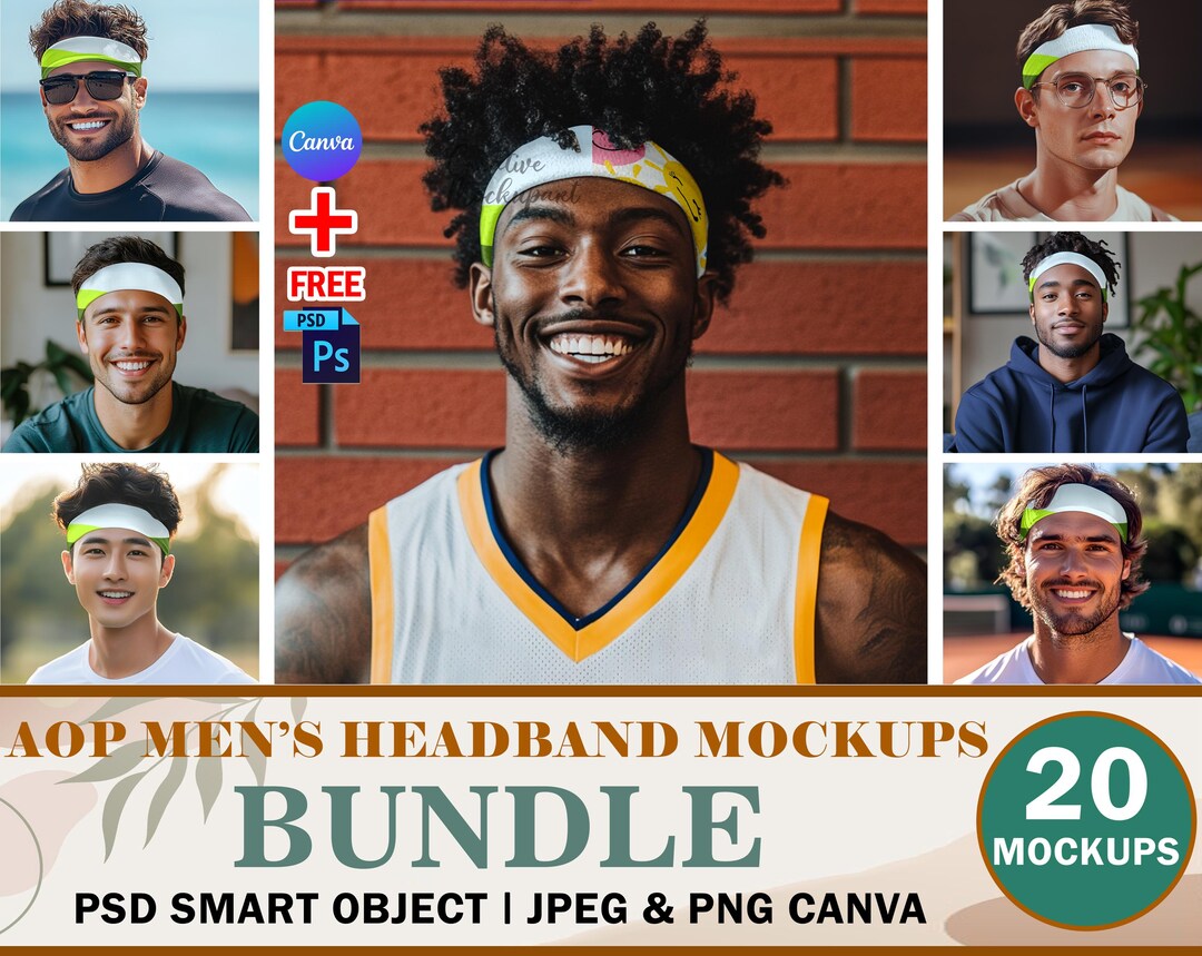 20x Canva AOP Men's Headband Mockup Bundle, Easy Drag & Drop Head Band ...