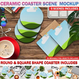 PSD 5X Custom Coaster Mockup Scene, Round and Square Coaster Template ...