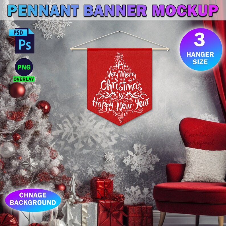 Hanging Pennant Banner Mockup | Christmas Background With 3 Different ...