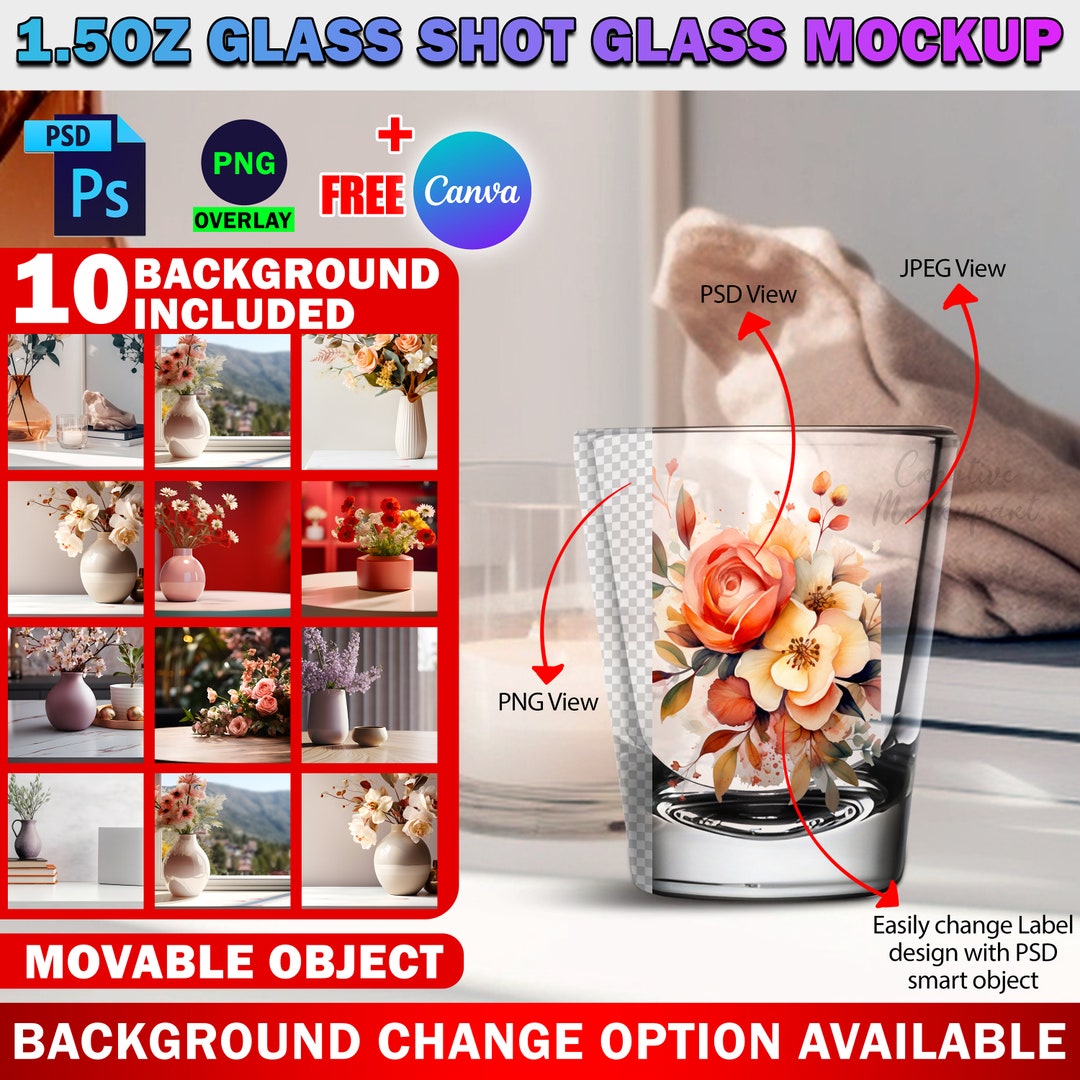 Dye Sublimation Glass Shot Glass Mockup, 1.5oz Liquor Glass Mockup ...