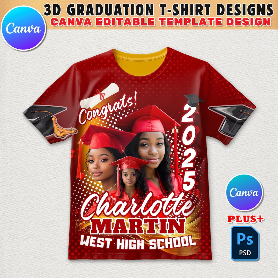 Graduation 3D Shirt Design, Red T-shirt Design Canva Template, 32x27 ...