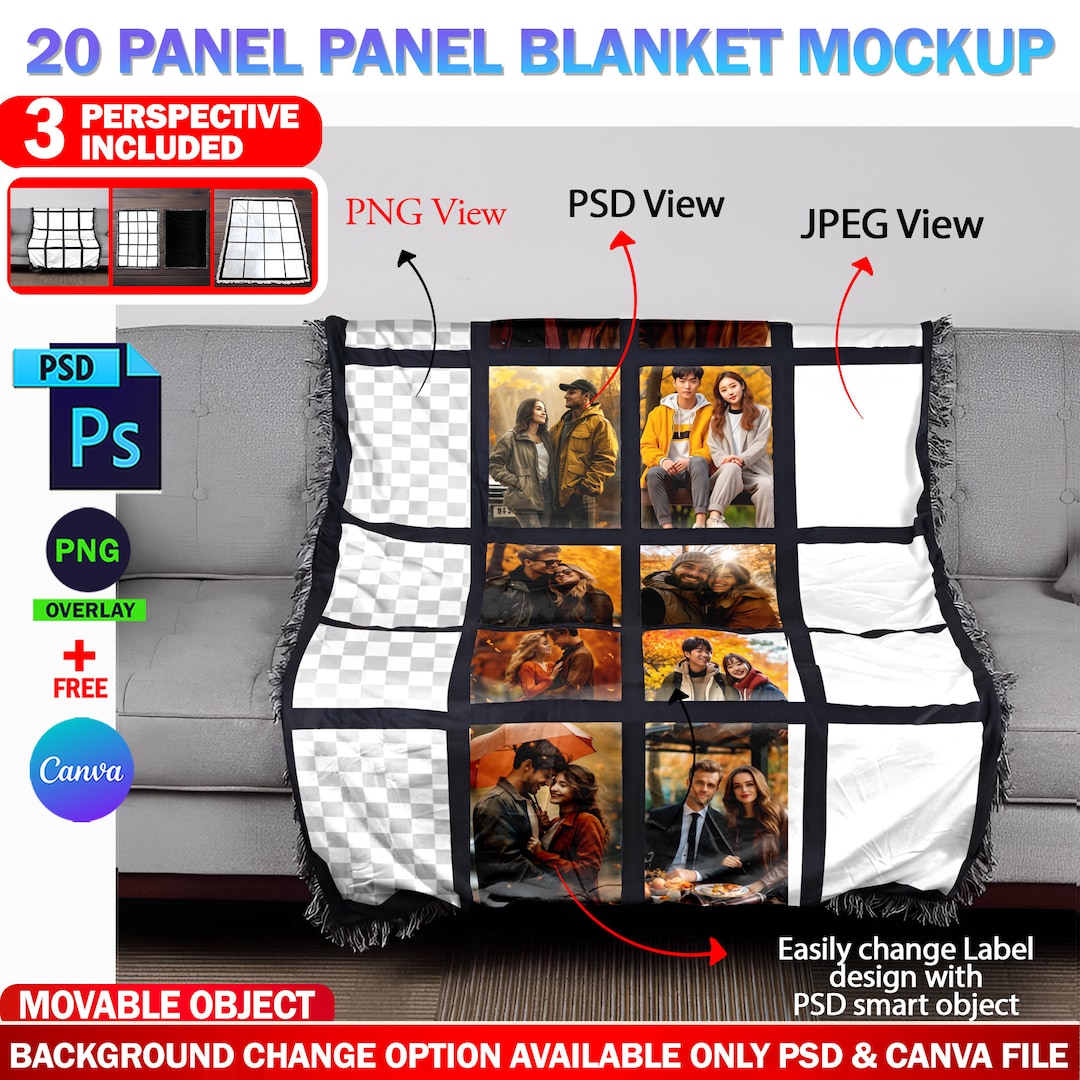 Dye Sublimation 20 Panel Blanket Mockup With Fringe Edges, 3 Different ...