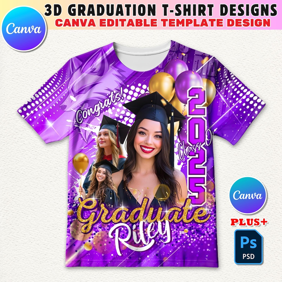 Graduation 3D Shirt Design, Purple T-shirt Design Canva Template, 32x27 ...