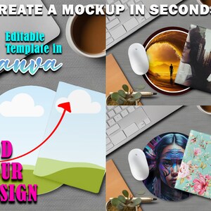 Round Canva Frame Mouse Pad & Notepad Holder Mockup Set Template Drag ...