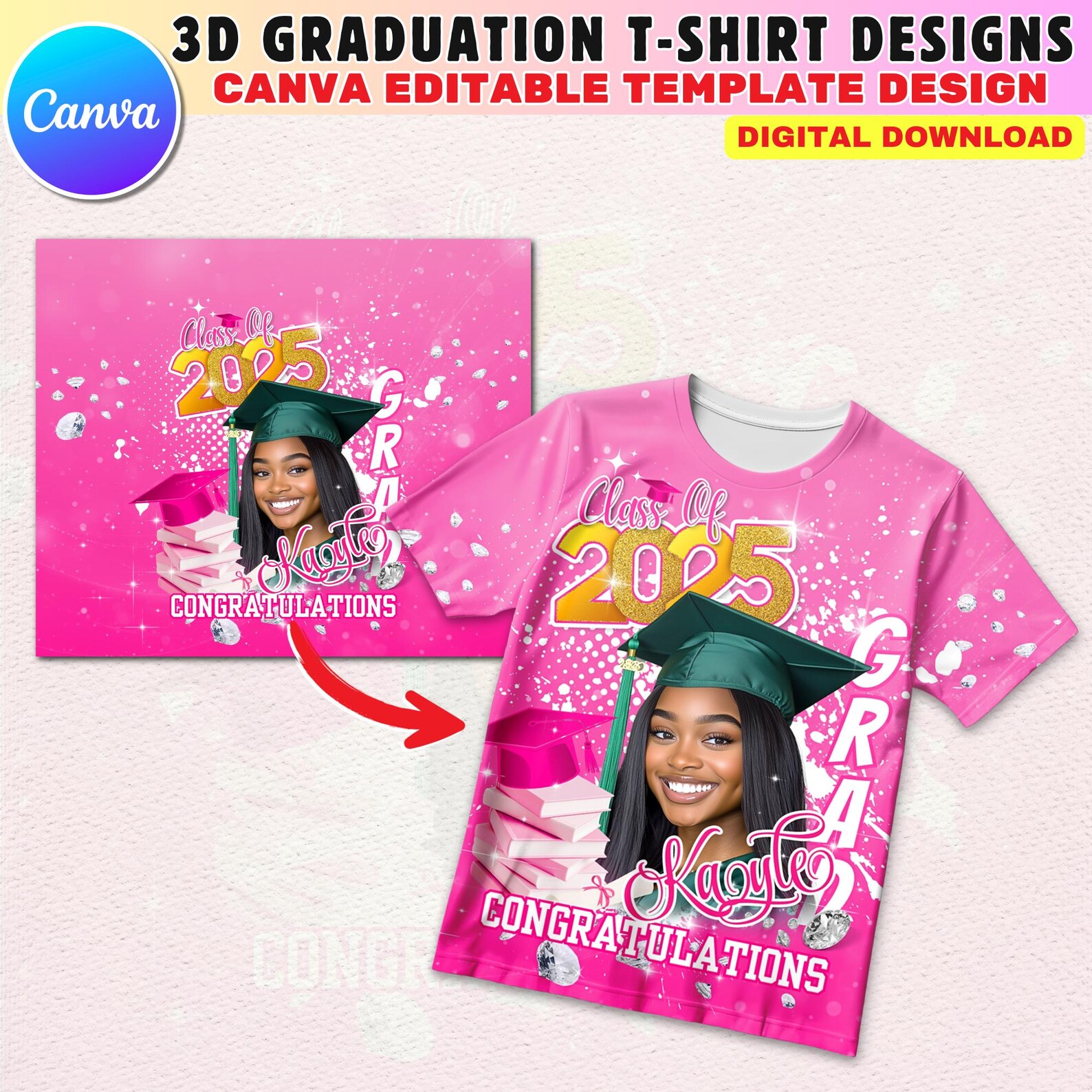 Graduation 3D Shirt Design, Pink T-shirt Design Canva Template, 32x27 ...