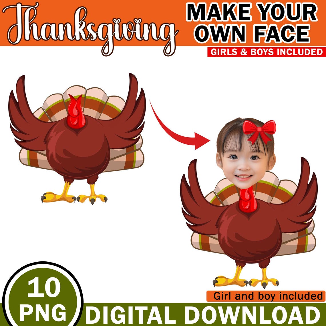 10x DIY Turkey Face Pngs – Add Your Own Face Thanksgiving Craft for ...