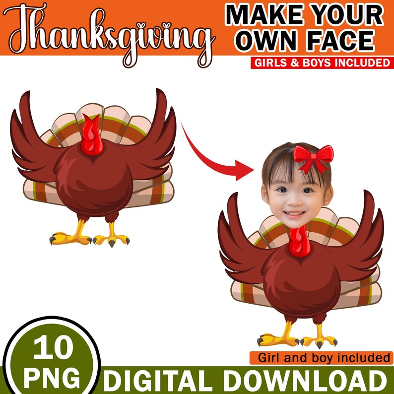 10x DIY Turkey Face Pngs – Add Your Own Face Thanksgiving Craft for ...