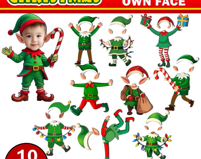12x Christmas Add Your Own Elf Photo Face, DIY Elf Yourself PNG Bundle ...