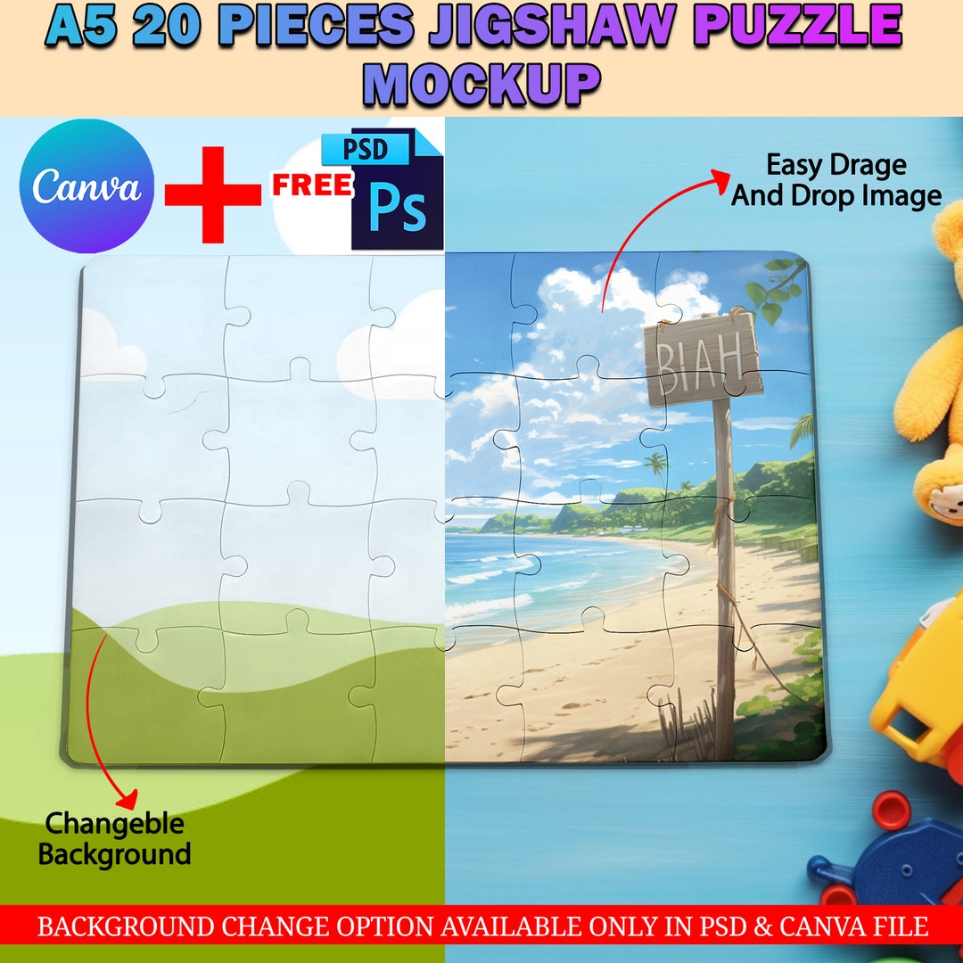 Canva A5 20 Pieces Puzzle Mockup, Jigsaw Puzzle Template for Sublimation, Insert Your Own Design ...