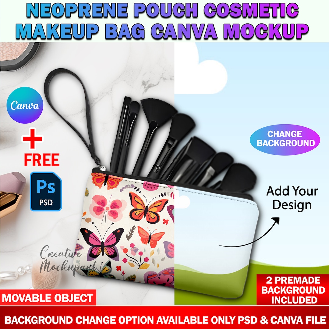 Canva Neoprene Cosmetic Makeup Bag Mockup for Sublimation, Zipper Pouch ...