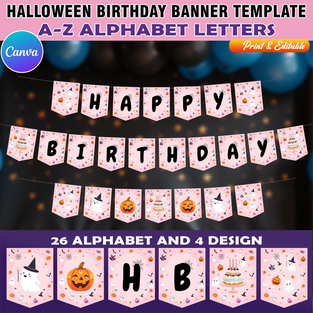 Editable Happy Birthday Banner, Halloween Birthday Banner, Pink Ghost ...