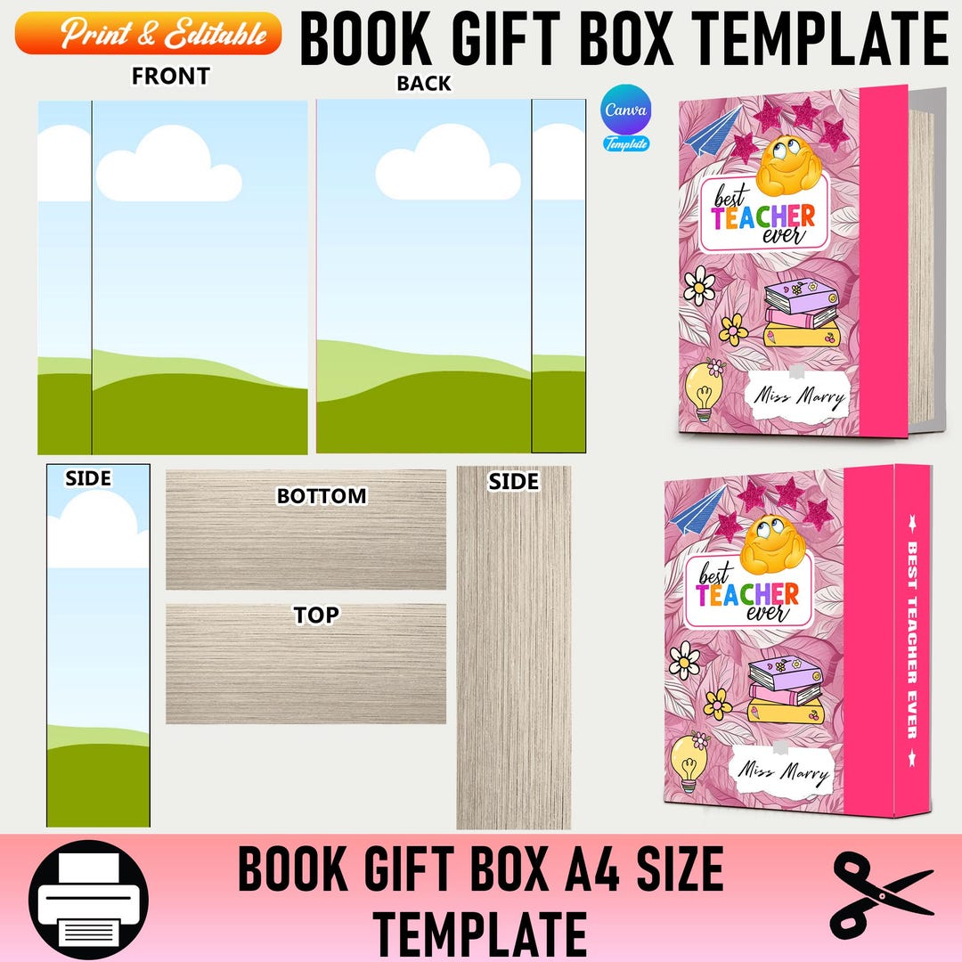 Book Box Template, Canva Editable Treat Book Box, Teacher's Day Gift ...