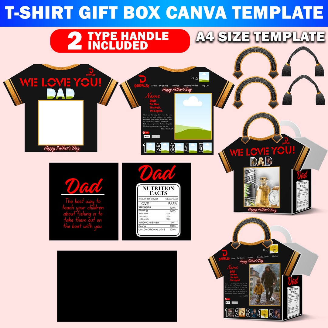 Canva Editable Father's Day Dad Flix T-shirt Gift Bag Box Template ...