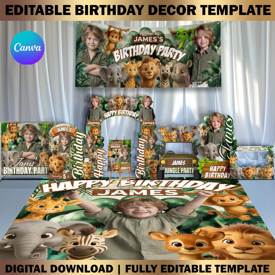 9x Custom Jungle Theme Birthday Decor Canva Template Bundle, Name ...