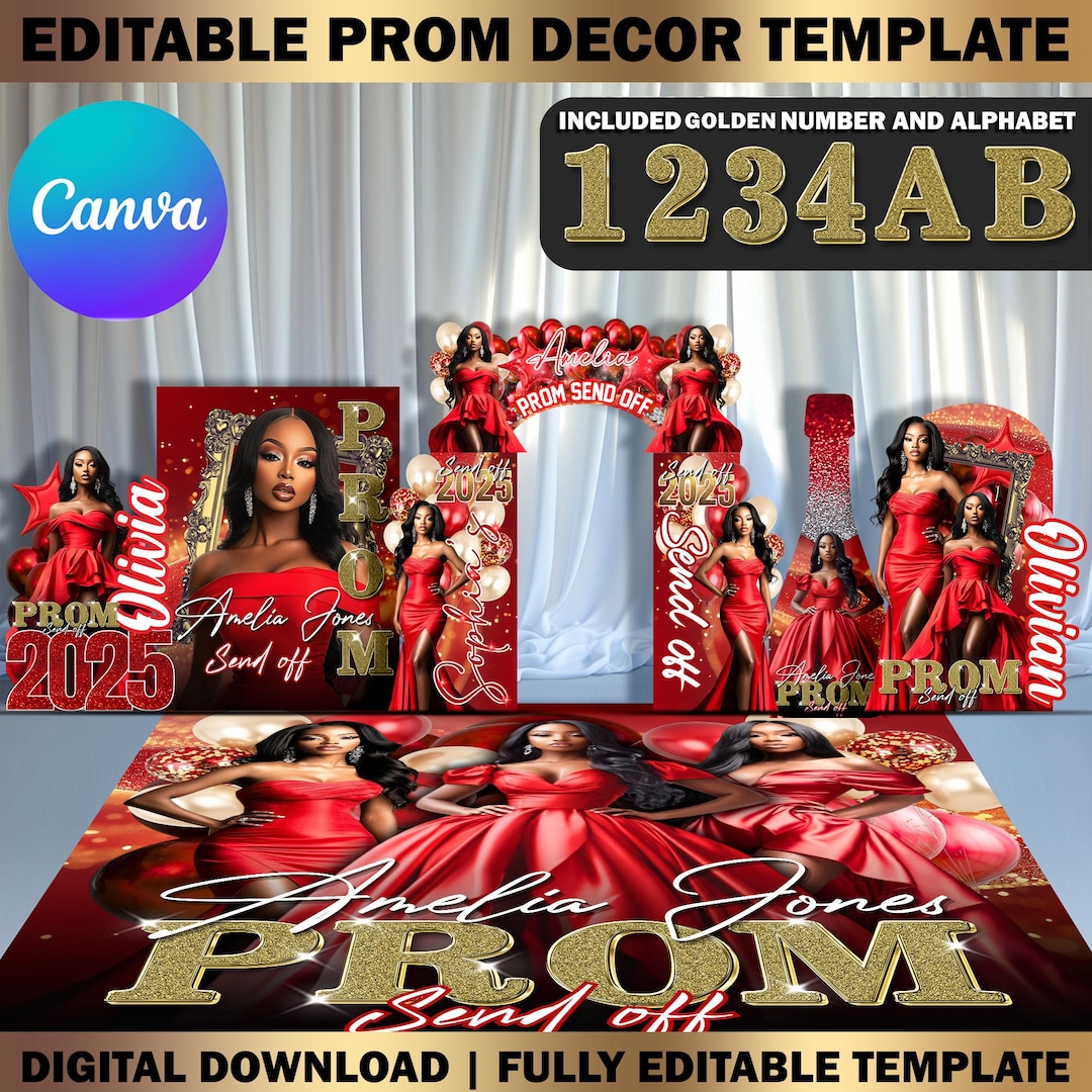 Custom Prom Decor Canva Template Bundle, Name Cutout, Red & Gold Prom ...
