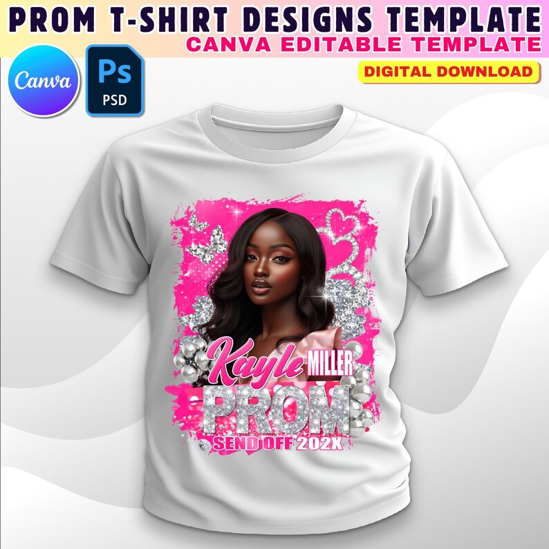 Prom Shirt Design, Pink and Silver DTF T-shirt Design Template, 16x20 ...
