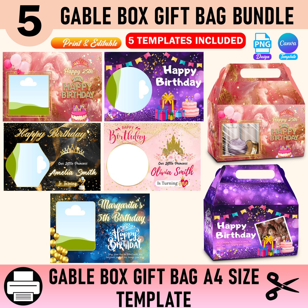 5 Editable Gable Box Gift Bag Design Template Bundle, Birthday Favor ...