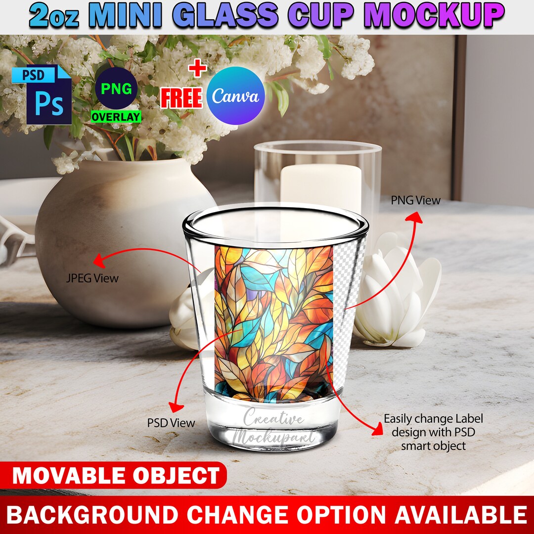 Dye Sublimation 2oz Mini Glass Cup Mockup, 2oz Shot Glass Tumbler ...