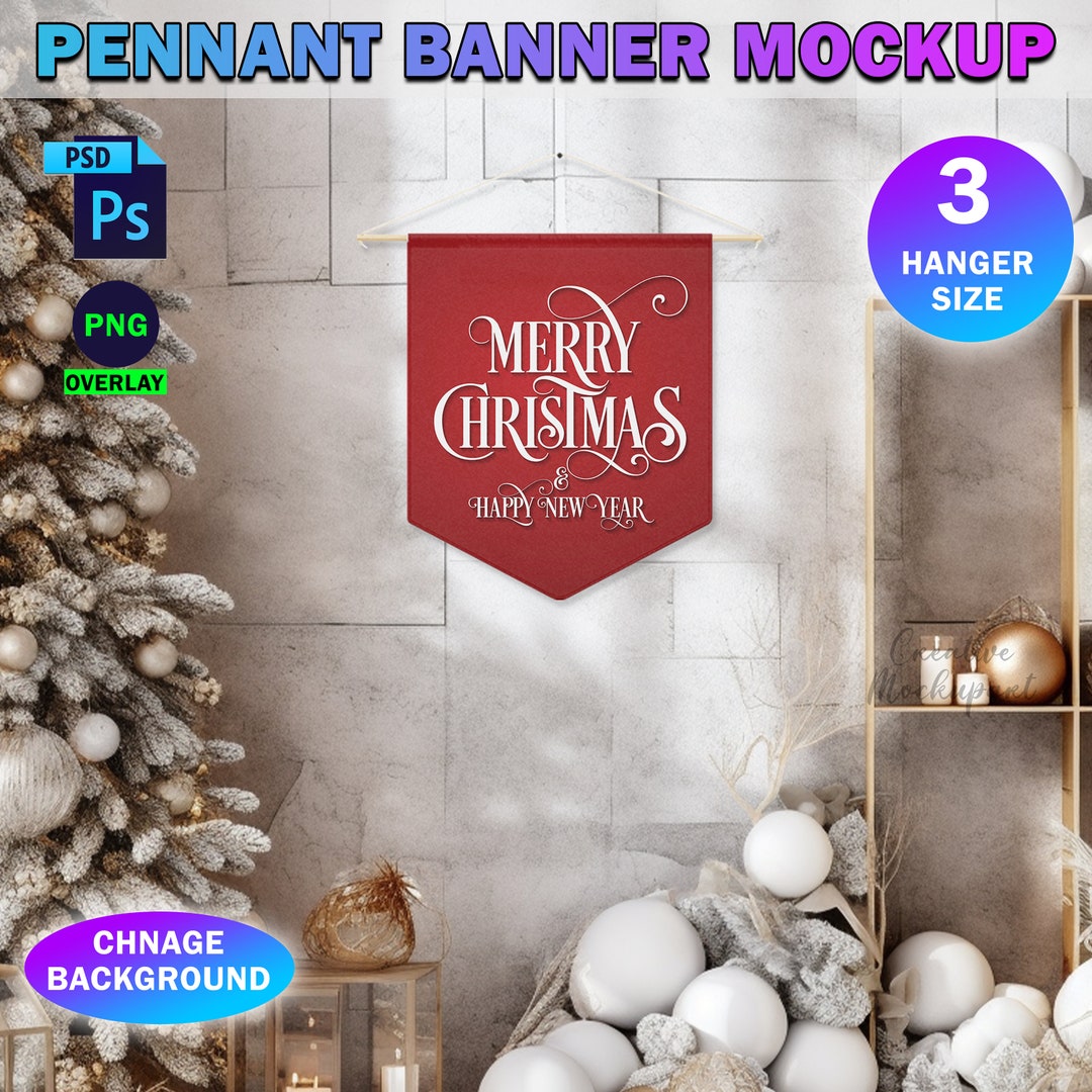 Pennant Flag Banner Mockup | Christmas Background With 3 Different ...