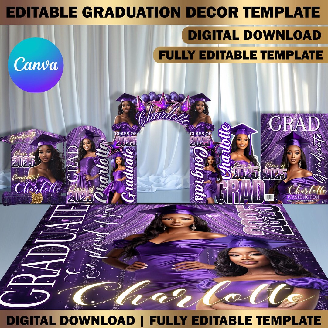 Custom Shape Graduation Decor Canva Template Bundle, Name Cutout, Grad ...