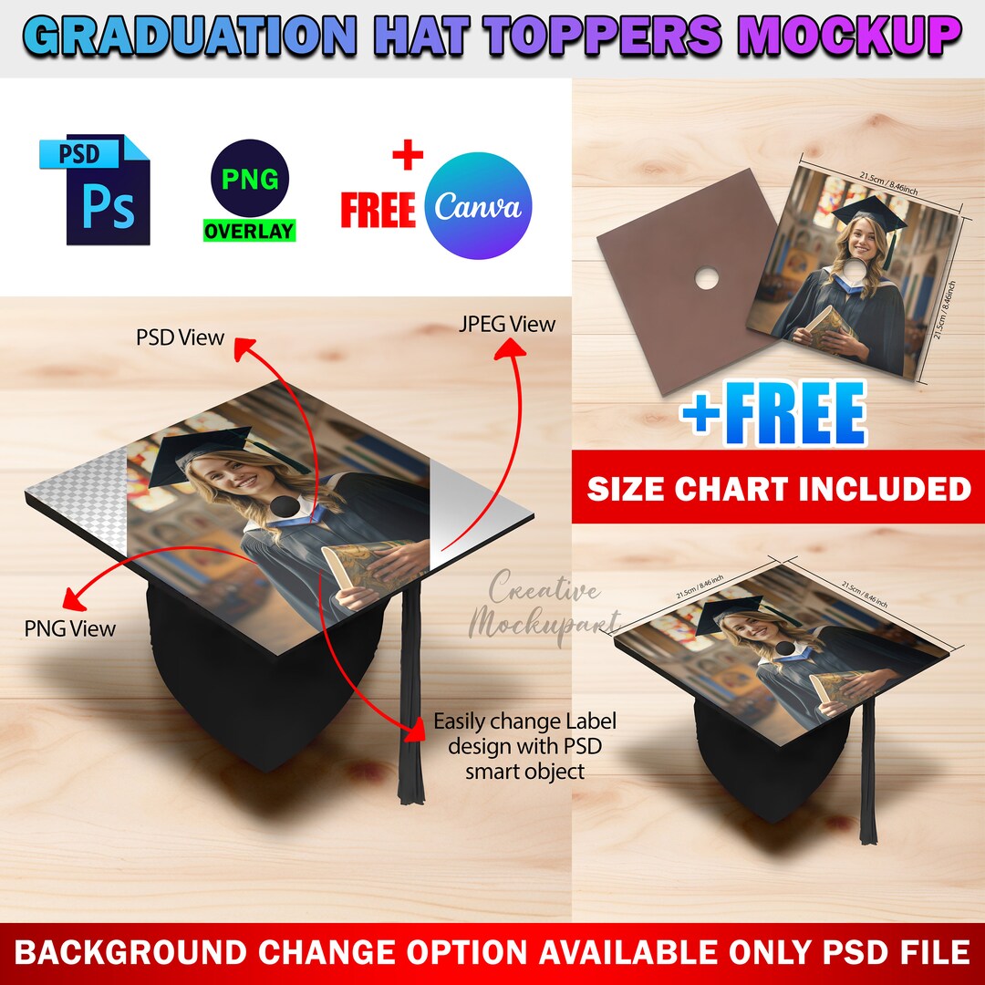 Dye Sublimation Graduation Hat Topper Mockup, Photo Frame Grad Cap ...
